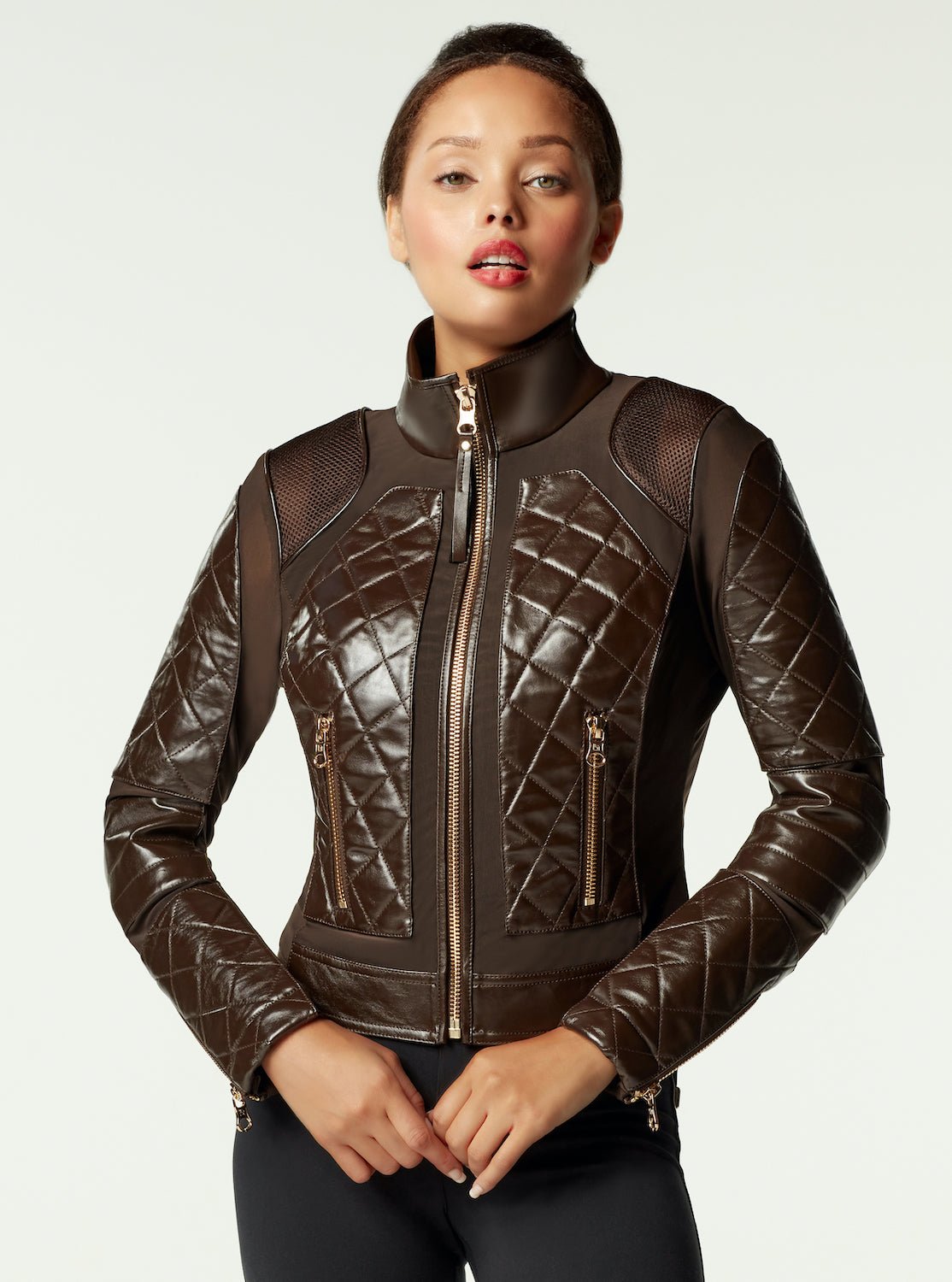 Leather Moto Mesh Jacket - Brown/Gold Trims | Blanc Noir Online Store